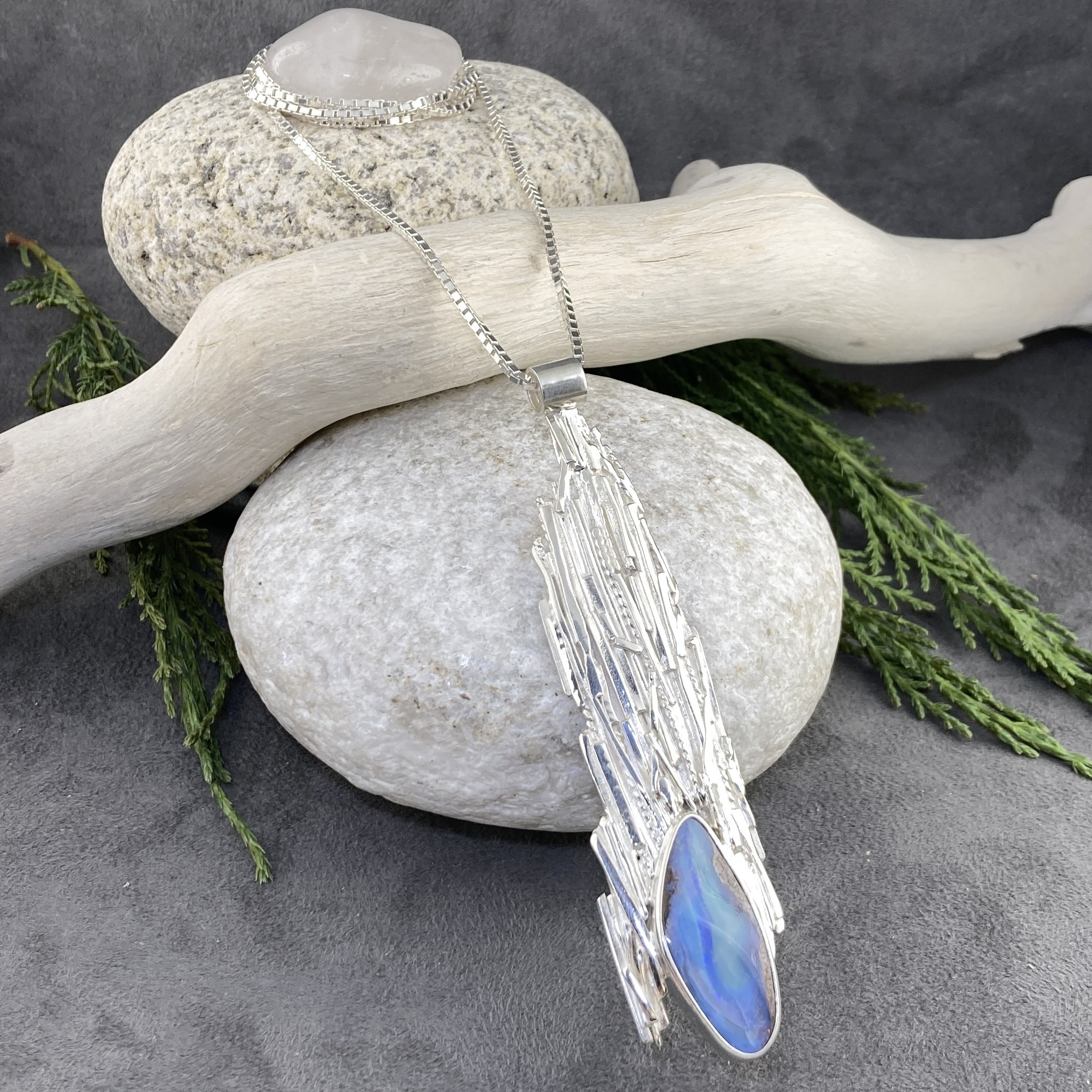 Boulder Opal on Long Bark Pendant | Argentium silver pendant | A & R ...