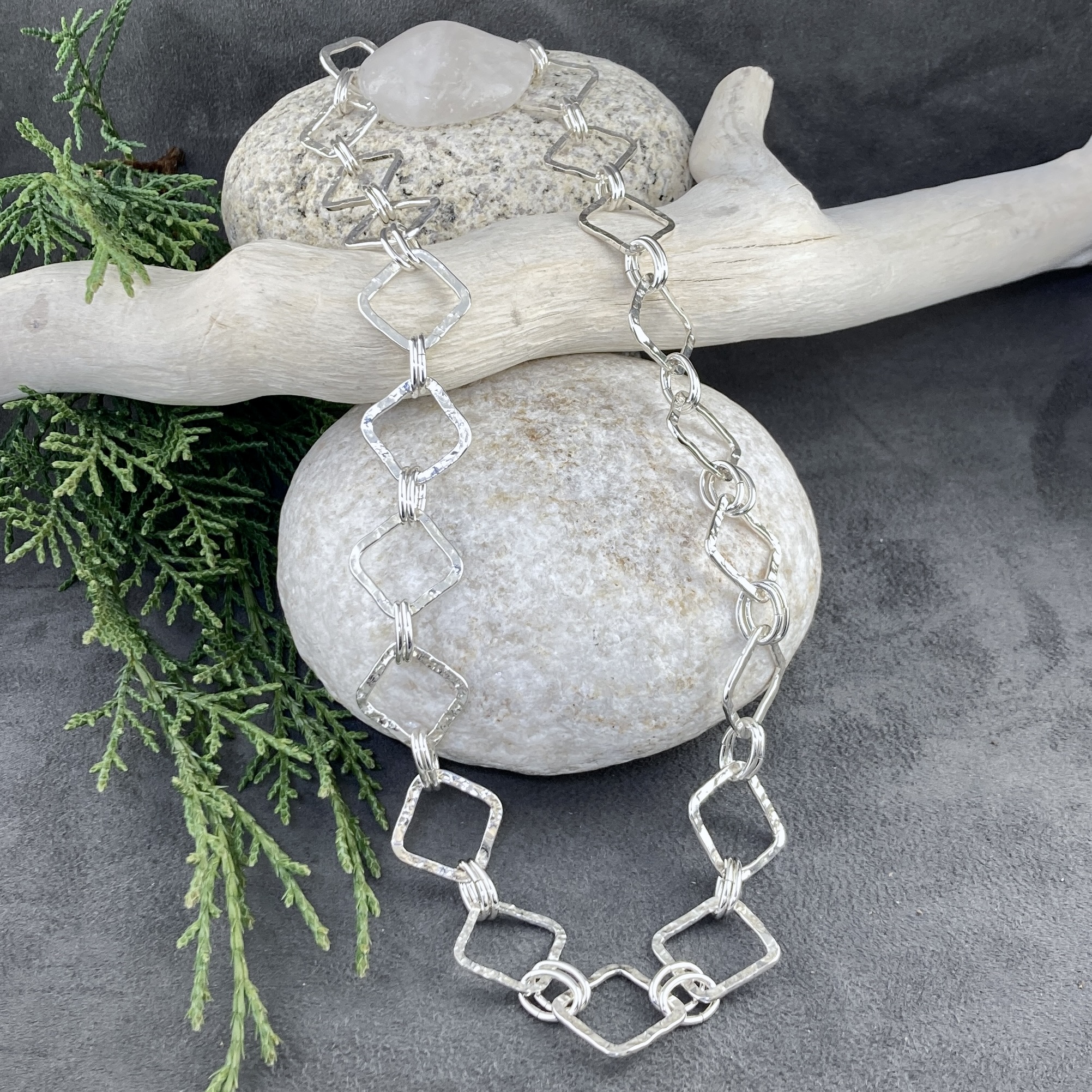 diamond shaped link necklace - hammered Argentium silver - AandRJewellery