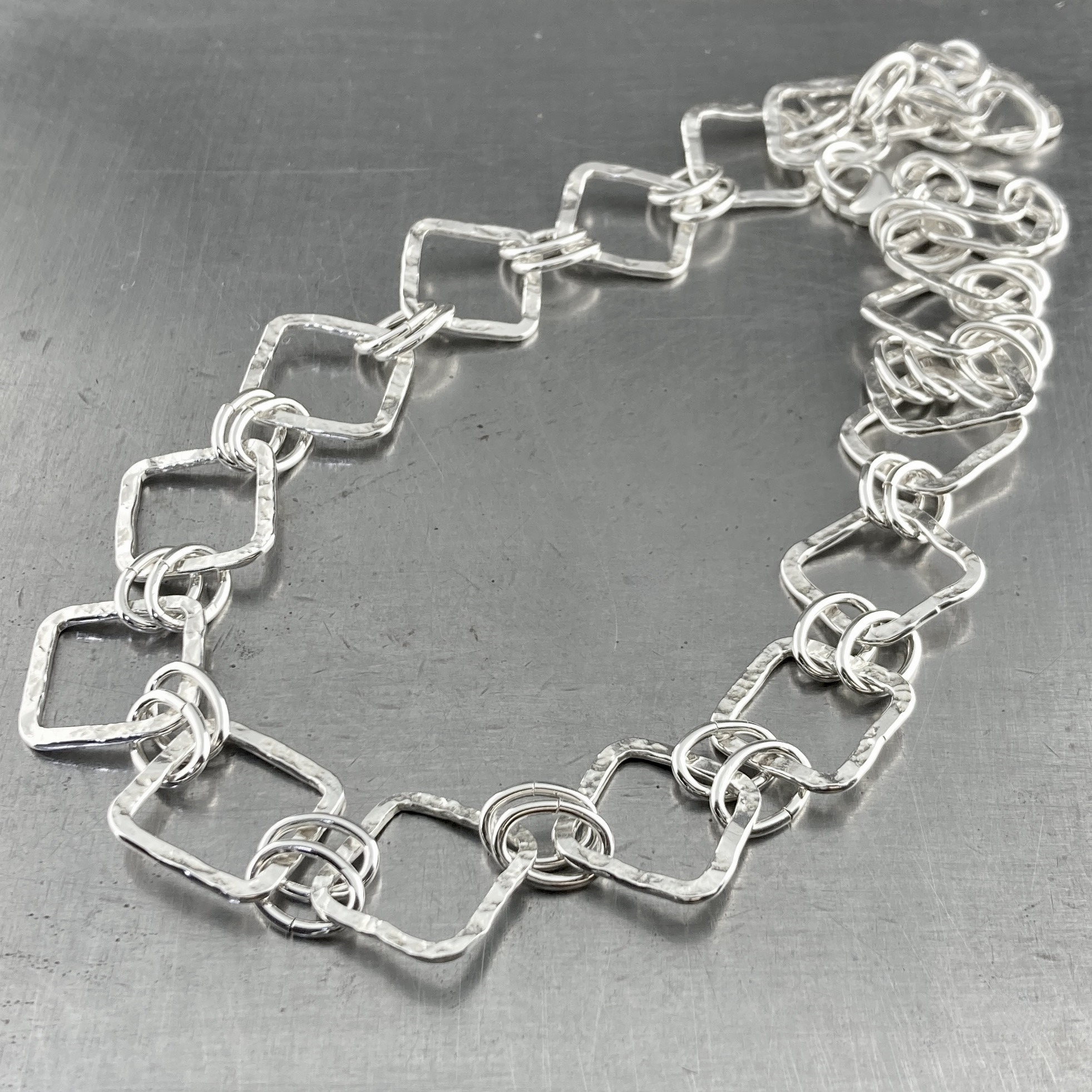 diamond shaped link necklace - hammered Argentium silver - AandRJewellery