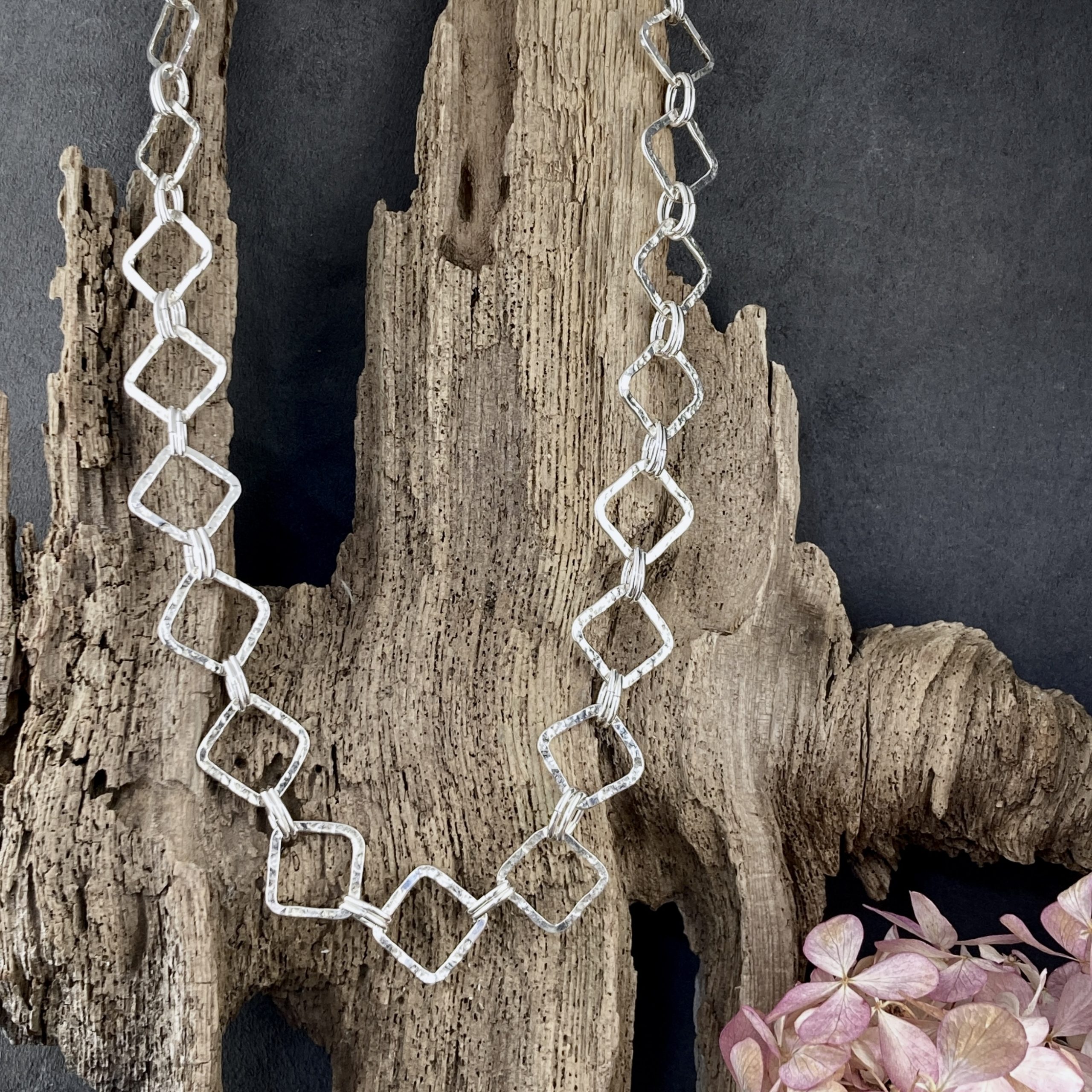 diamond shaped link necklace - hammered Argentium silver - AandRJewellery