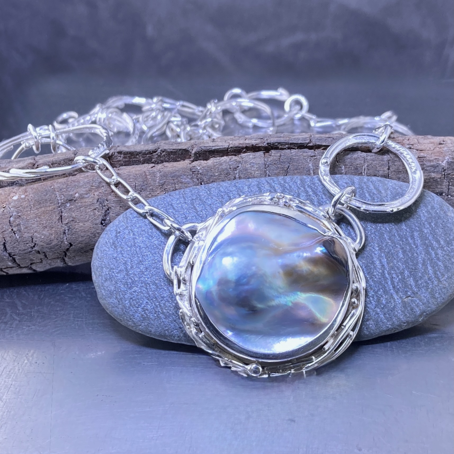 Mabe Pearl Necklace | Argentium Silver Circle | A & R Jewellery