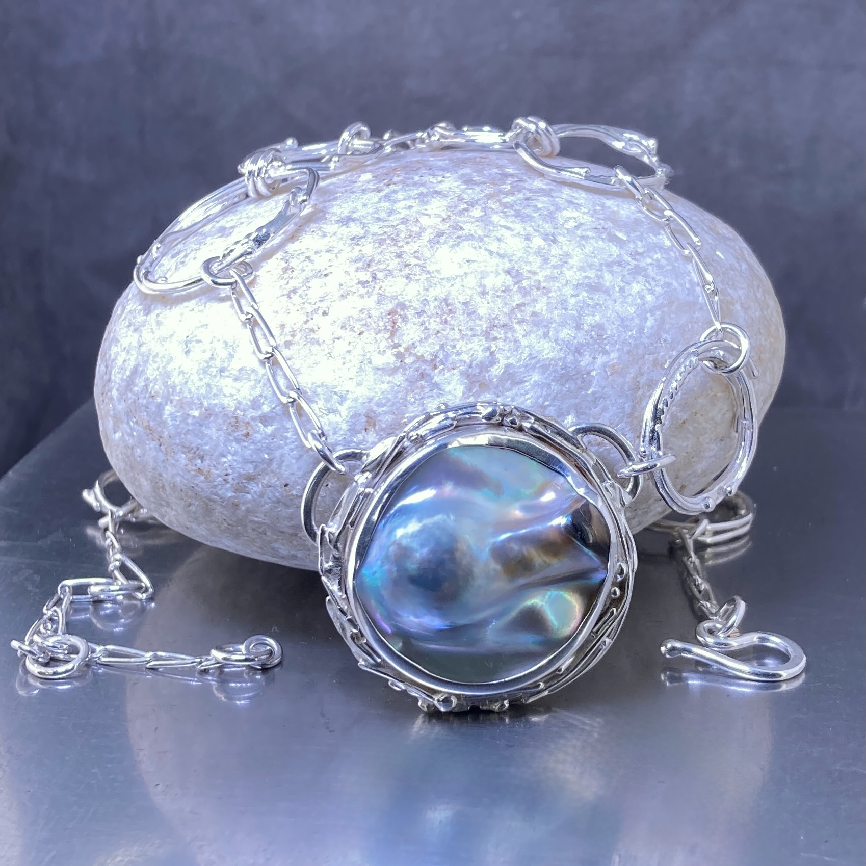 Mabe Pearl Necklace | Argentium Silver Circle | A & R Jewellery