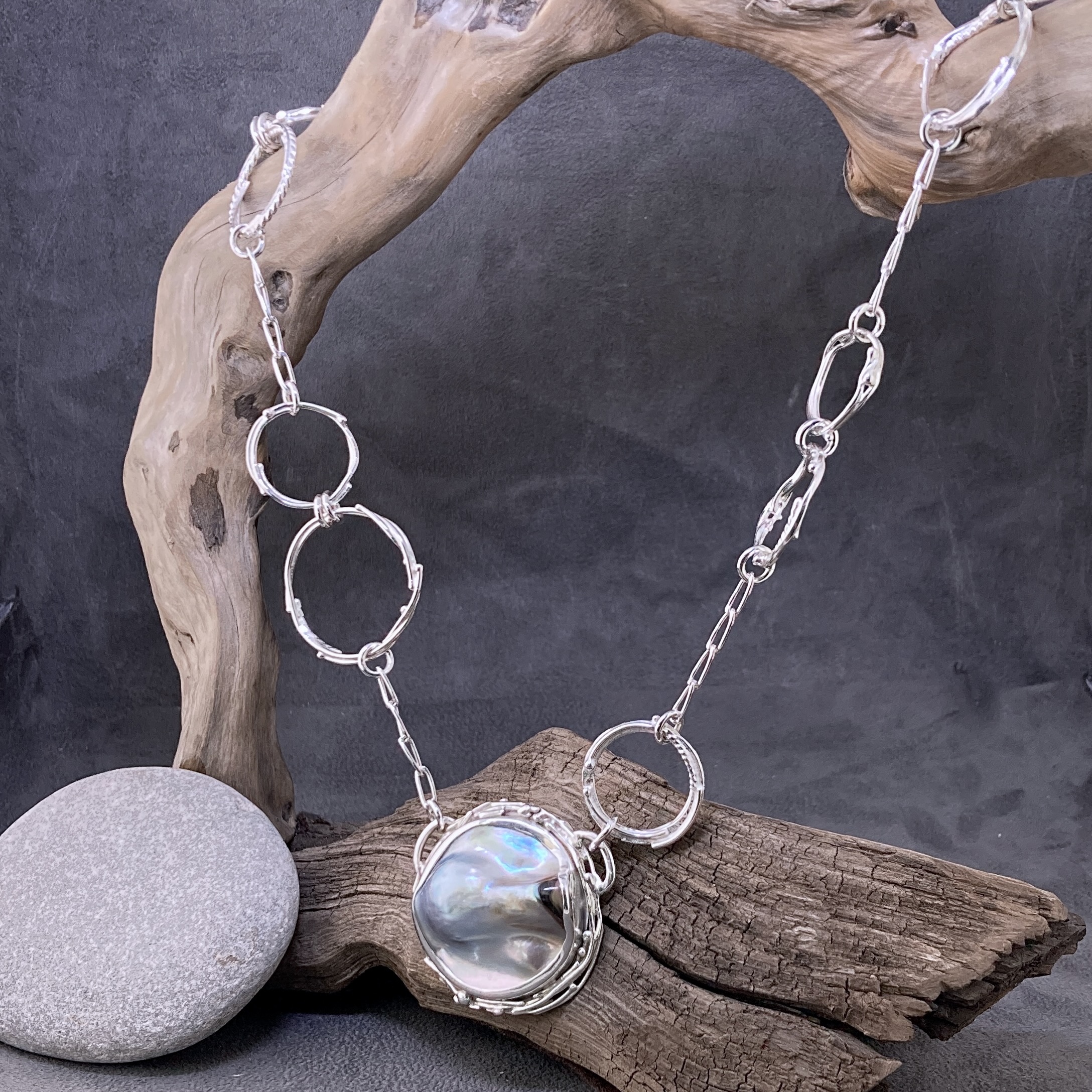 Mabe Pearl Necklace | Argentium Silver Circle | A & R Jewellery